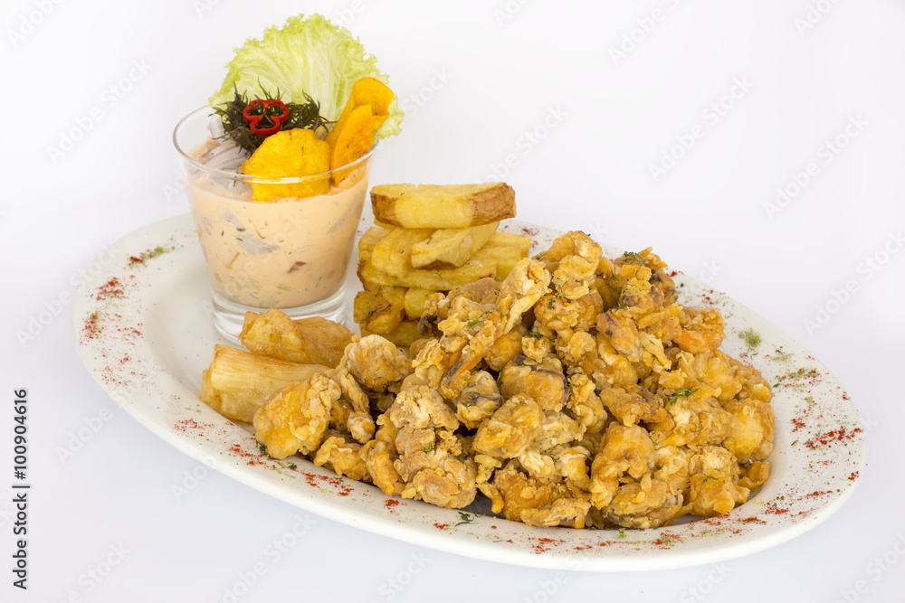 Peruvian food: chicharrones de pescado, a fried fish. Plate called ...