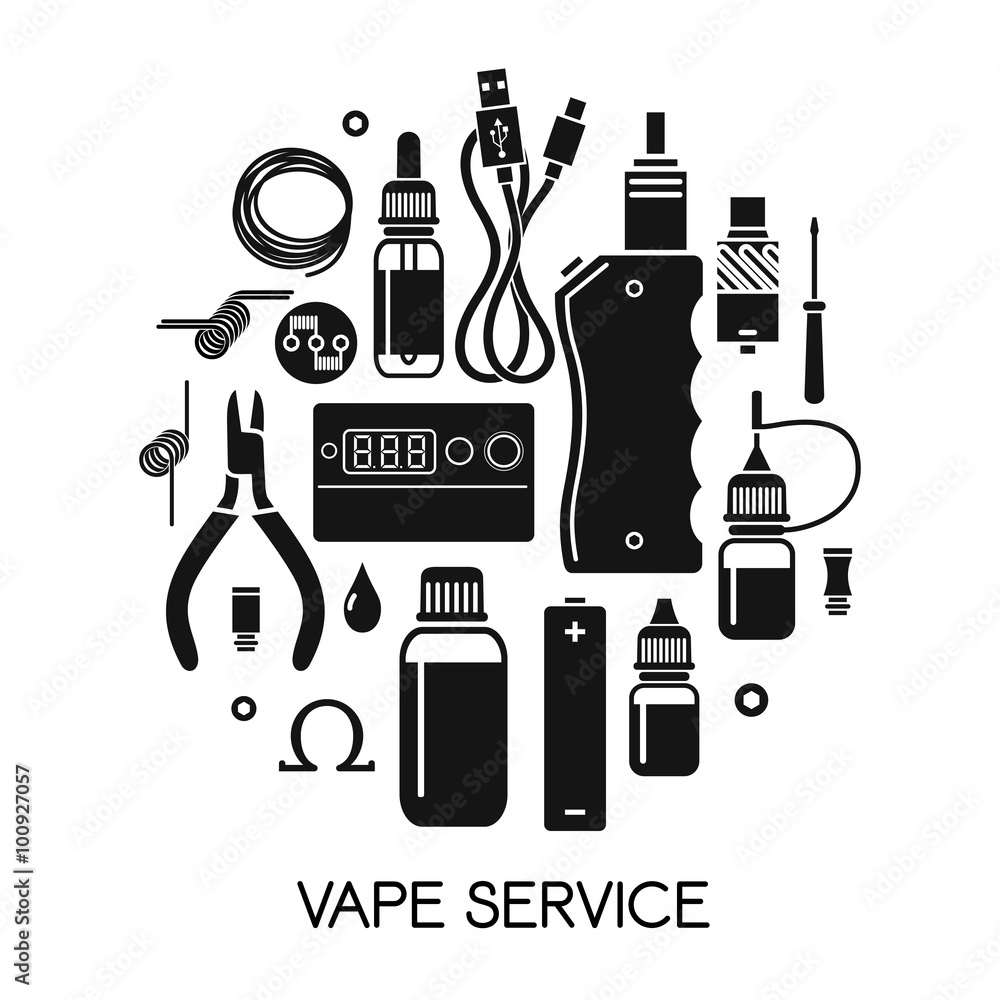 Vector icons of vape and accessories. Vape icons set Isolated on white ...