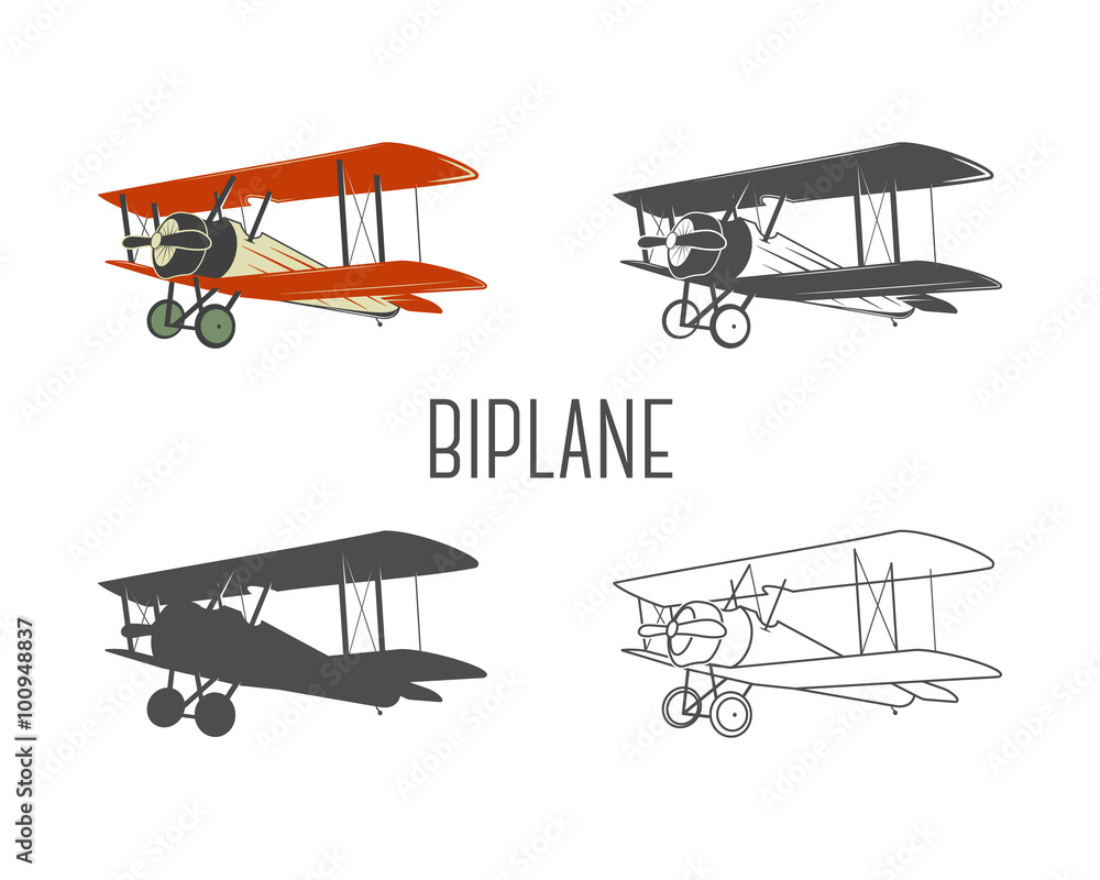 Set of vintage aircraft design elements. Retro Biplanes in color, line ...