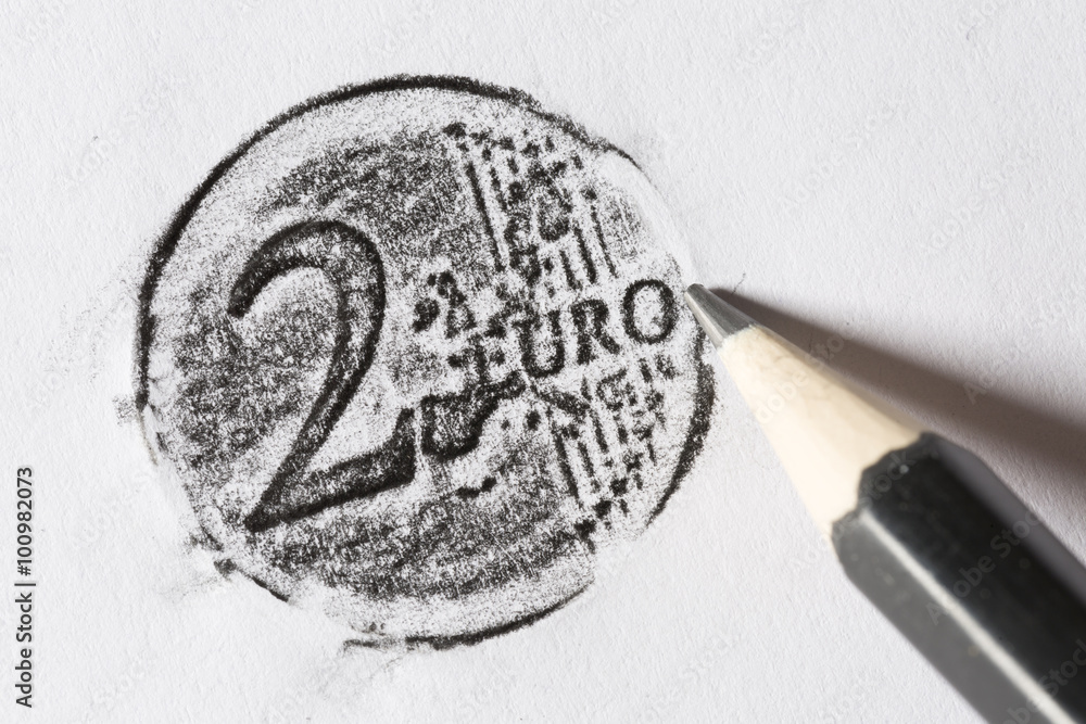 Pencil drawing 2 euro coin on white paper Stock Photo | Adobe Stock