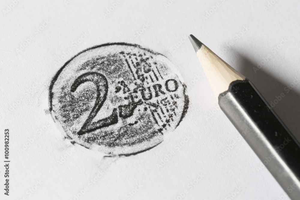 Pencil drawing 2 euro coin on white paper Stock Photo | Adobe Stock