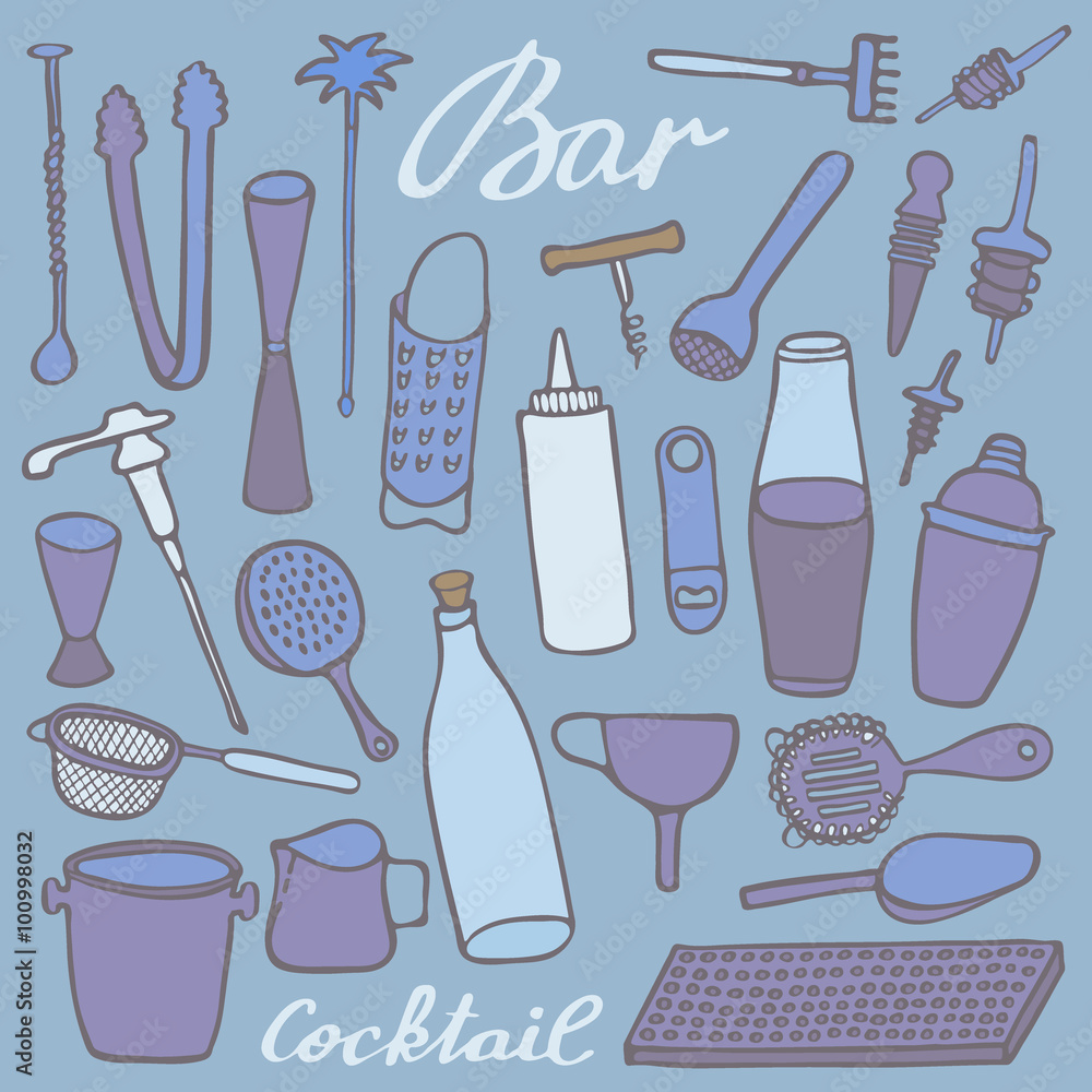 Bar equipment set. Hand-drawn cartoon collection of bartender stuff ...