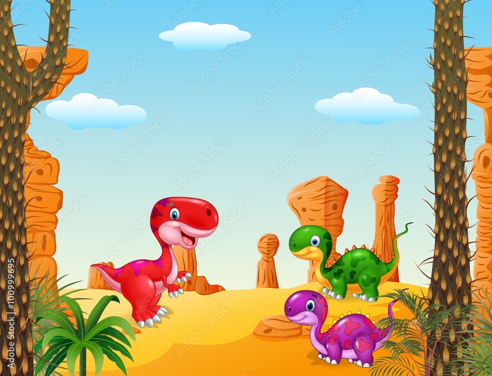 Cartoon happy dinosaur Collection with Prehistoric background Stock ...