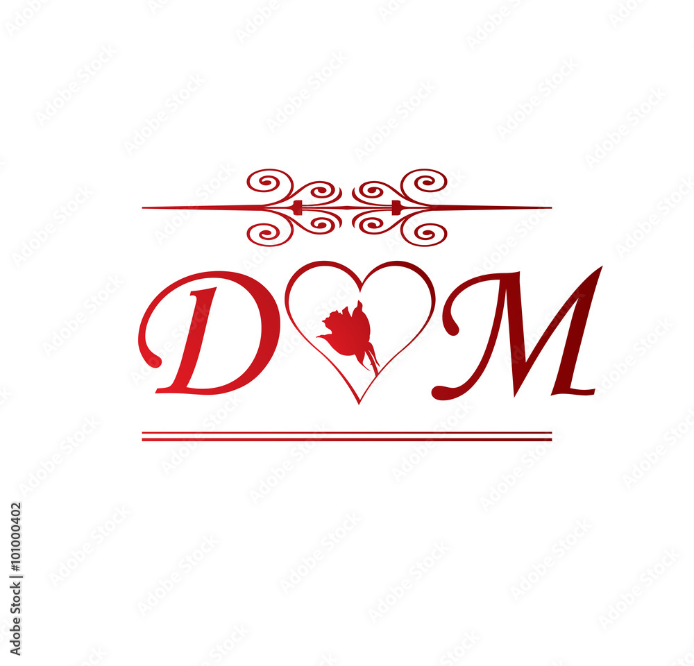 DM love initial with red heart and rose Stock Vector | Adobe Stock