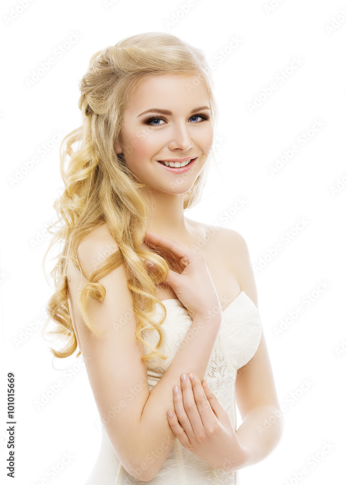 Foto De Woman Face Makeup Long Curly Blond Hair Young Model Make Up