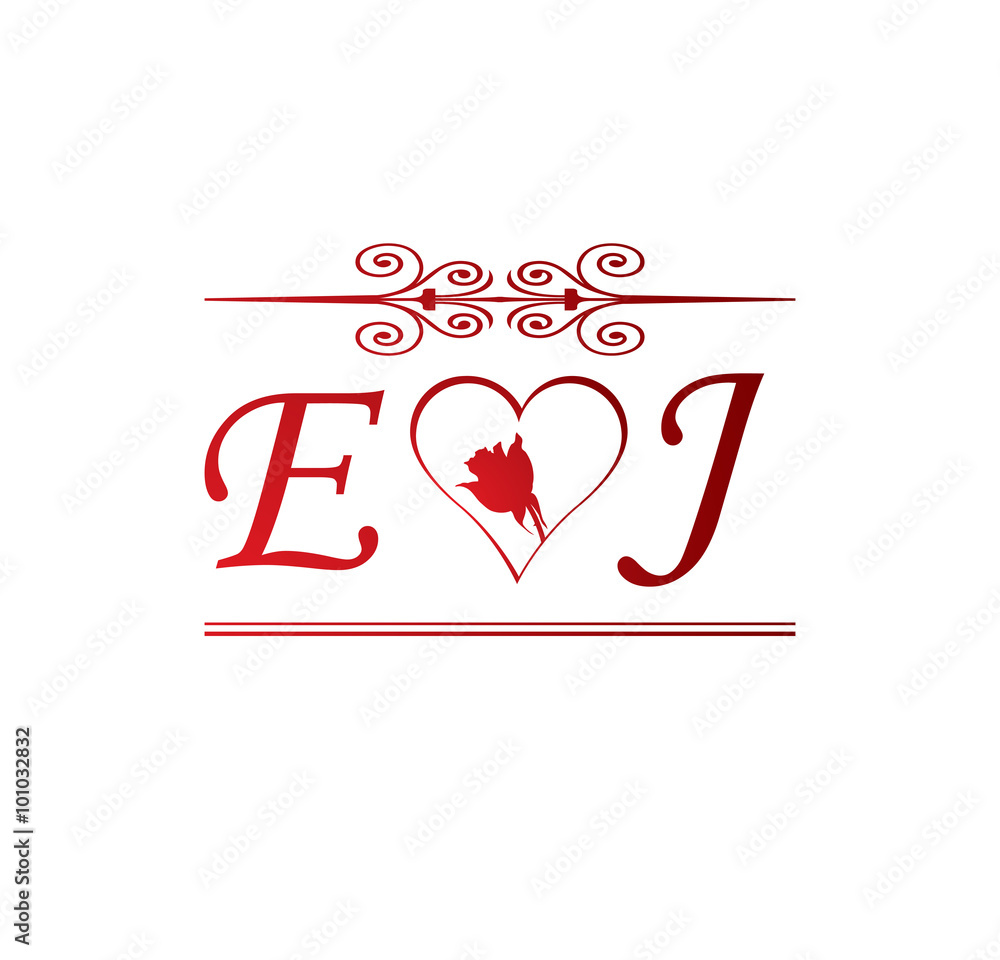EJ love initial with red heart and rose Stock Vector | Adobe Stock