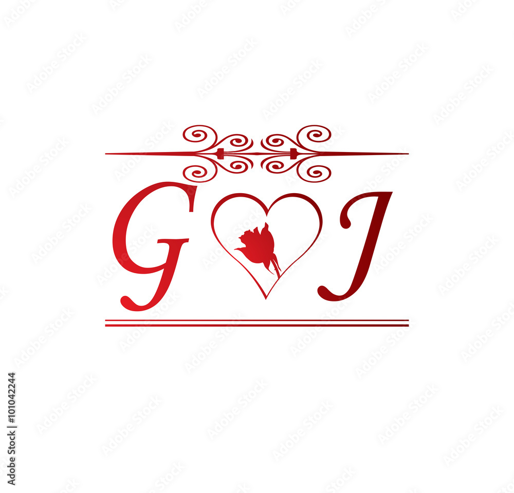 GJ love initial with red heart and rose Stock Vector | Adobe Stock
