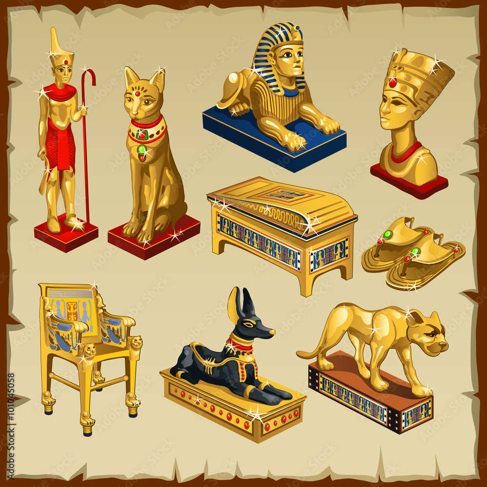 Egyptian set statues made of gold, eight items Stock Vector | Adobe Stock