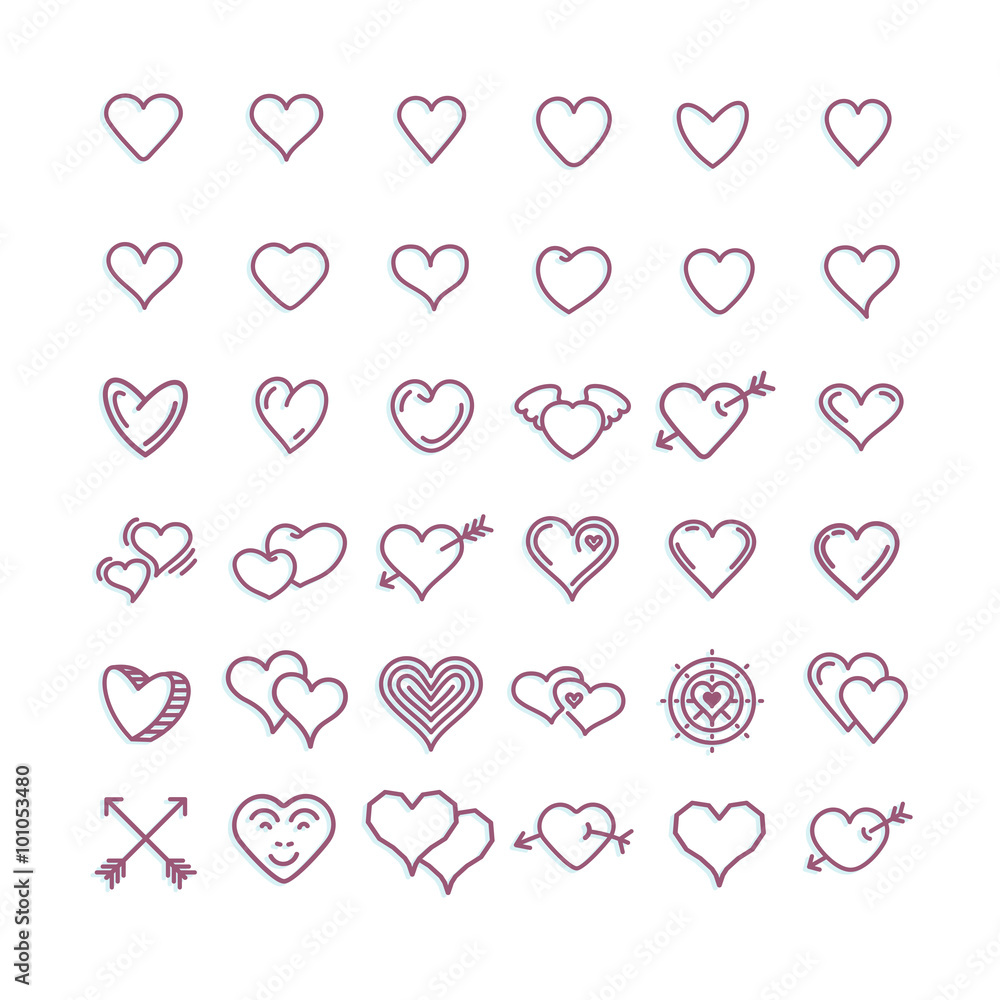Heart Icon Set. Vector romantic symbols. Linear art. Stock Vector ...