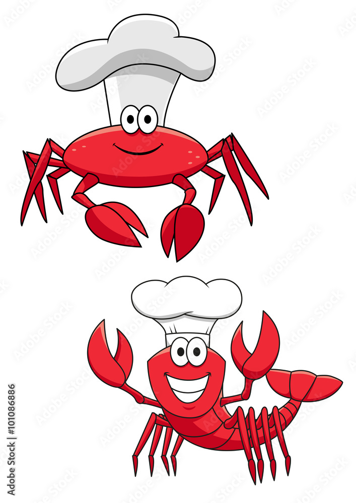 Cartoon red crab and shrimp chefs in cook hats Stock Vector | Adobe Stock