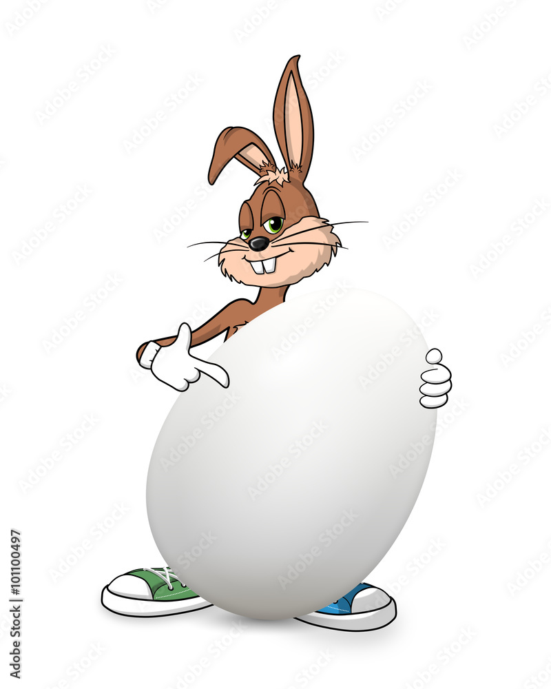 frecher Comic Osterhase zeigt auf weisses Osterei ilustração do Stock ...