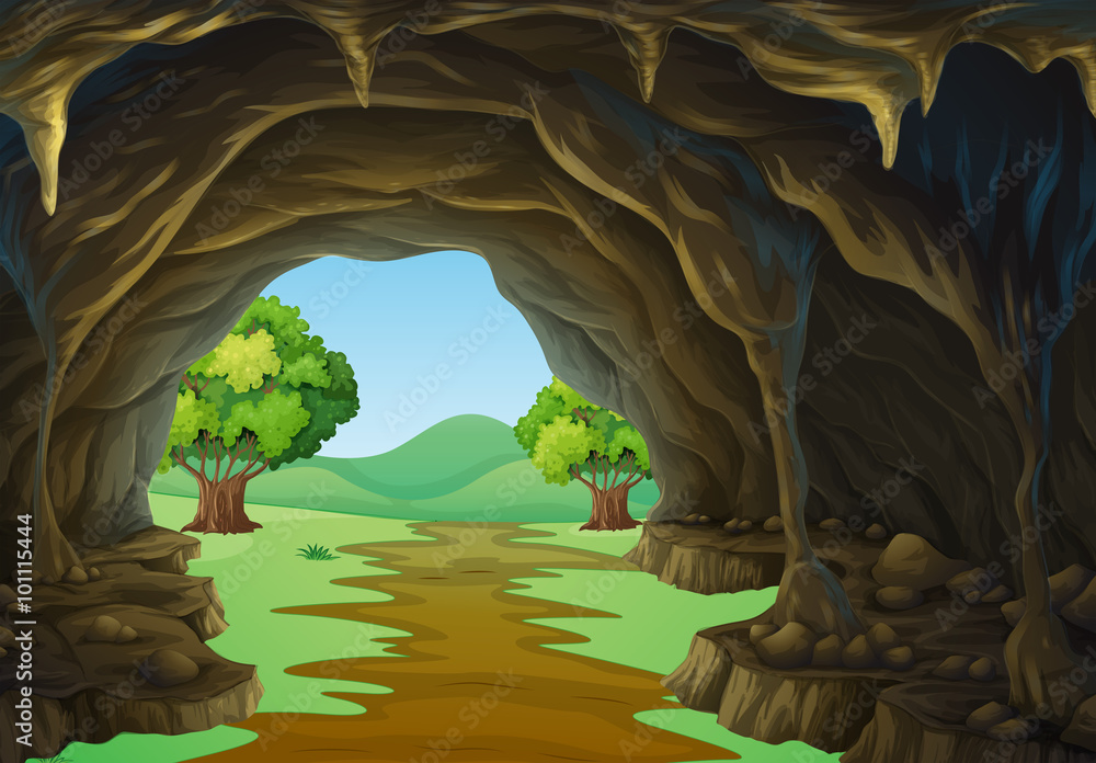 Nature scene of cave and trail Stock Vector | Adobe Stock