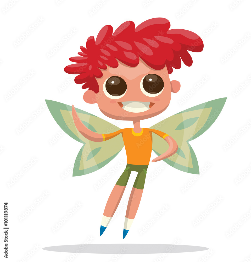 Vector cartoon image of a cute male fairy with large eyes with red hair ...