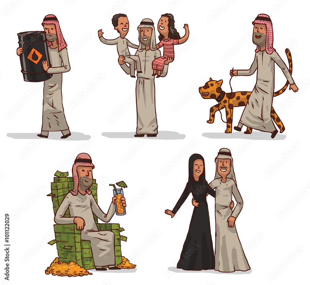Vector set of cartoon image of arabian people: man with oil, Arabic ...