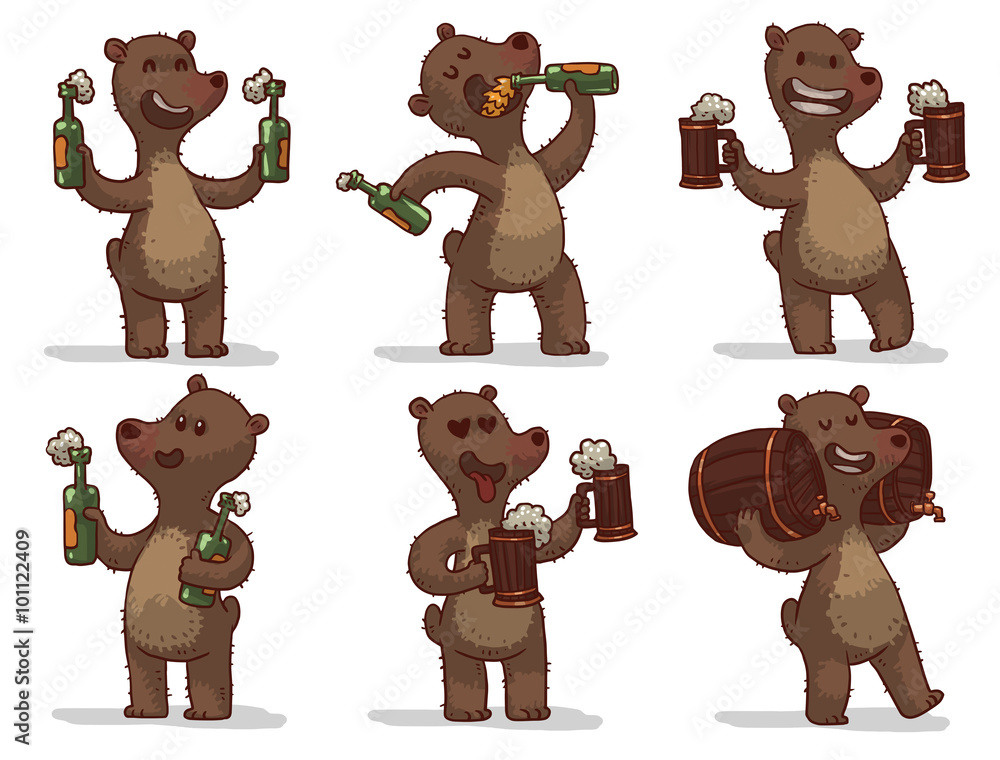 Vector set of cartoon image of funny brown bears with beer: bottles ...