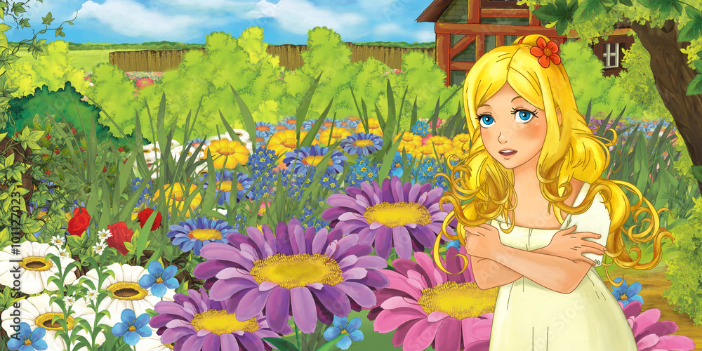 Cartoon farm scene with little elf girl on flowers - image for ...