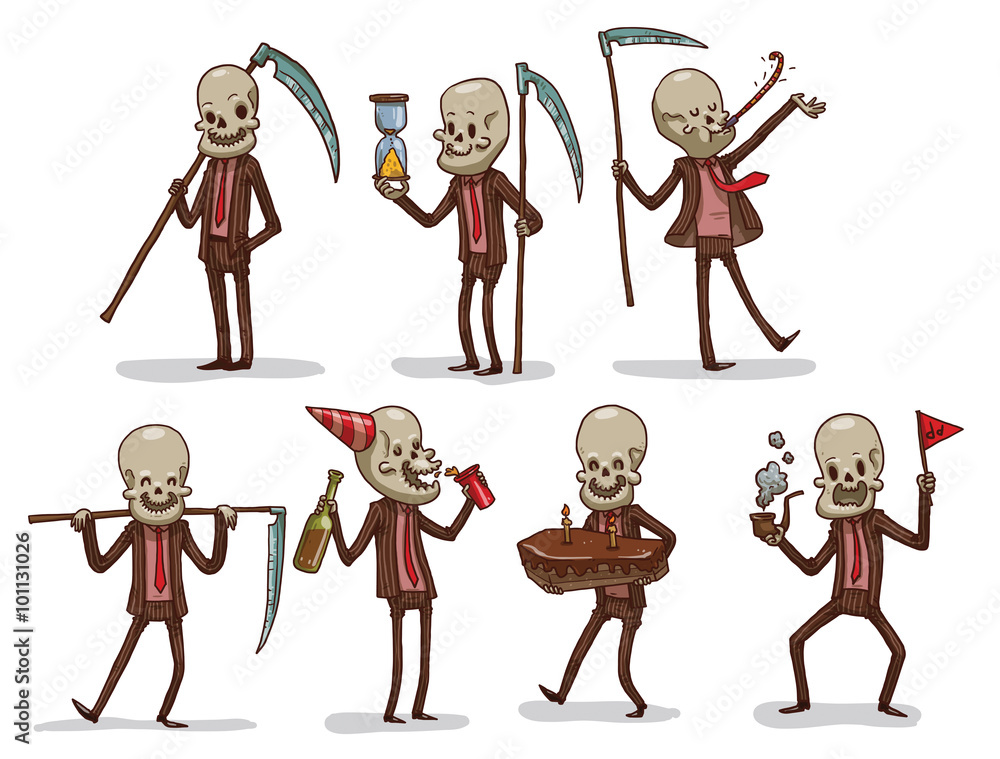 Vector cartoon image of a set of cute deaths in a brown suits, pink ...