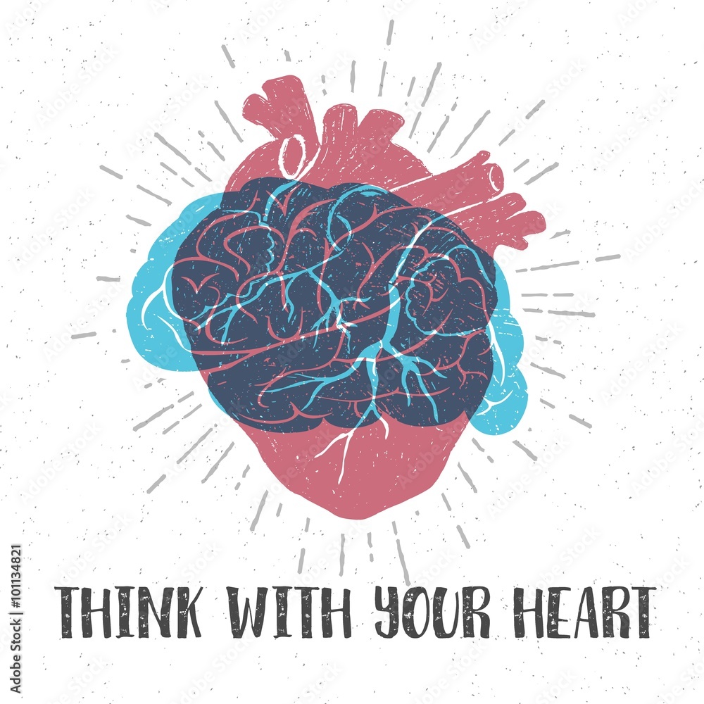 Romantic poster with human heart, brain, and lettering. Stock Vector ...