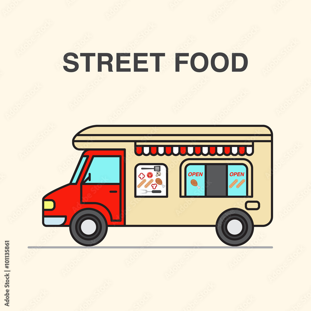 Street food van with sausages. Street food vector illustration in flat ...