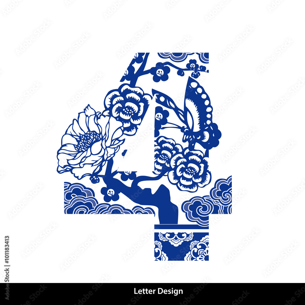 Vector of Oriental Style Number Four. Traditional Chinese style. Stock ...