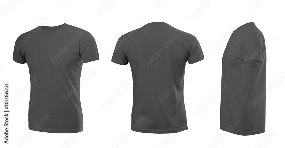 Dark grey man's T-shirt with short sleeves with rear and side view on a ...