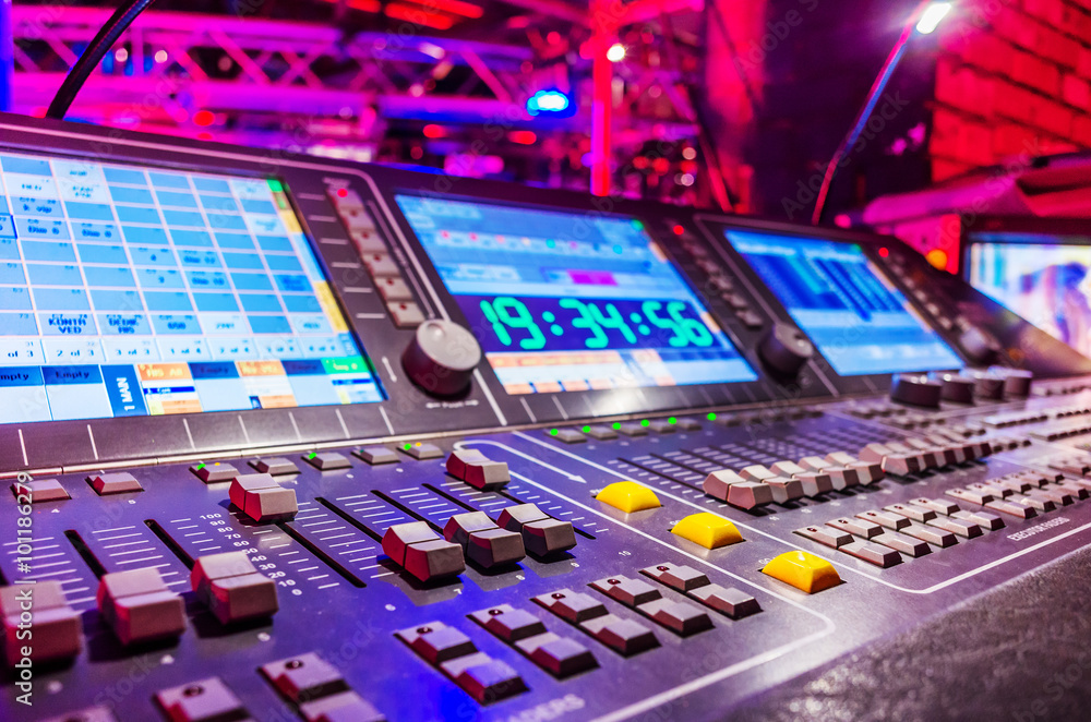 Professional audio sound mixer with buttons and sliders . Selective ...