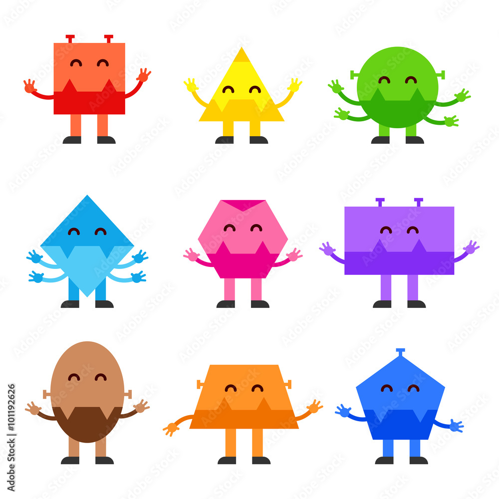 Geometric shapes funny monsters cartoon vector character design for ...