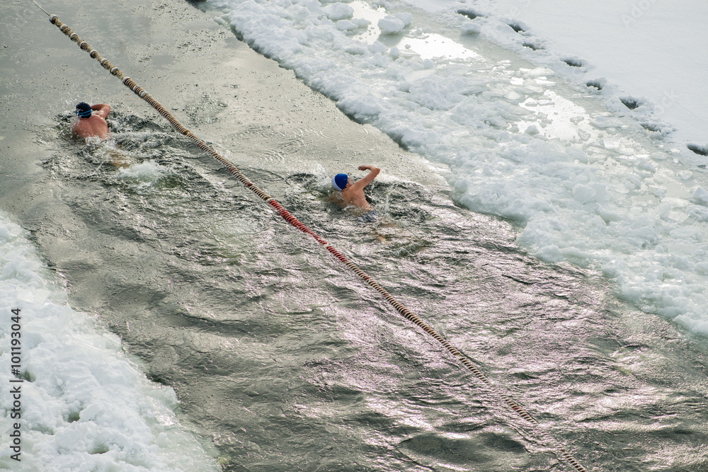 Ice swimming, swimming competitions in the winter outdoors at a Stock ...