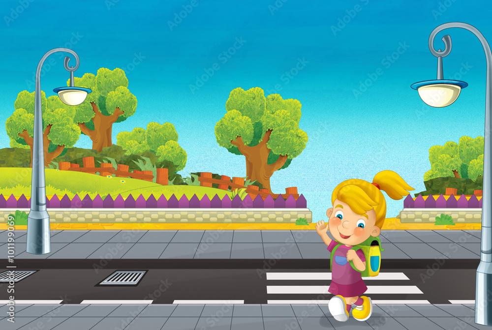Cartoon scene with child walking on the street - illustration for the ...