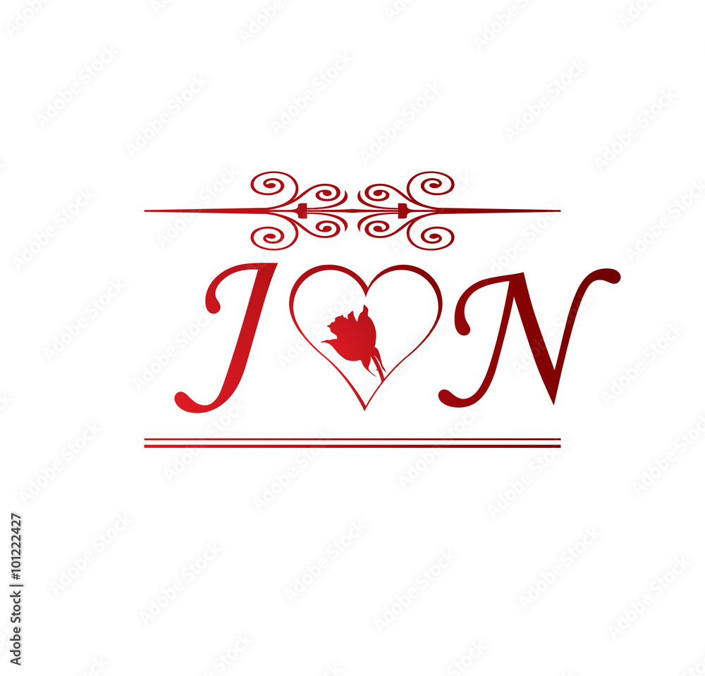 JN love initial with red heart and rose Stock Vector | Adobe Stock