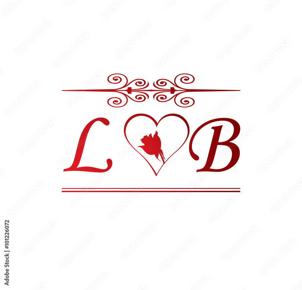 LB love initial with red heart and rose Stock Vector | Adobe Stock