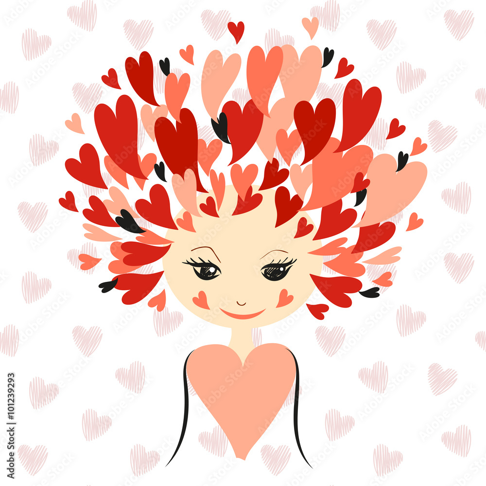 Lovely girl with stylized hair as hearts. Romantic vector illustration ...