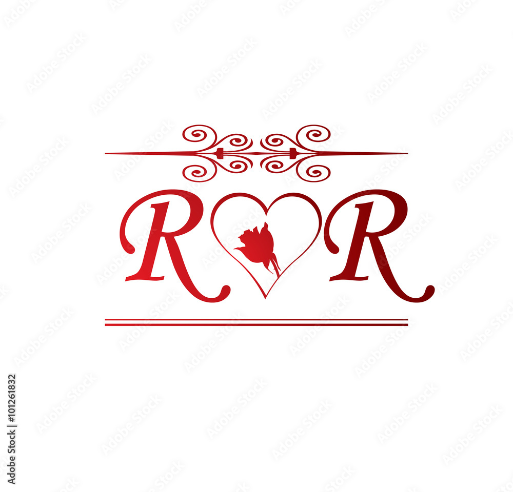 RR love initial with red heart and rose Stock Vector | Adobe Stock