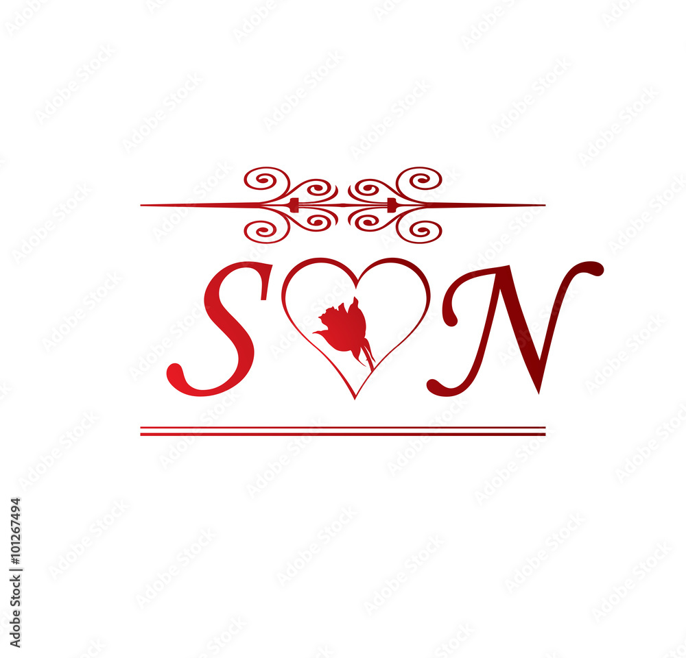 SN love initial with red heart and rose Stock Vector | Adobe Stock