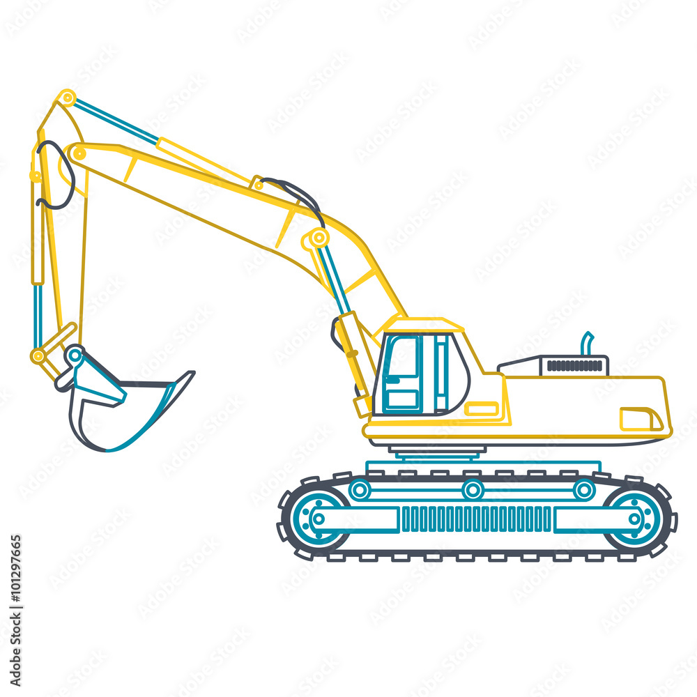 Blue yellow outline big digger builds roads on white. Digging of ground ...