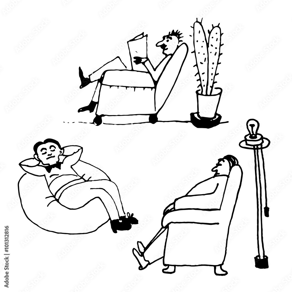 set collection line art men sitting in a chair, comic vector ...