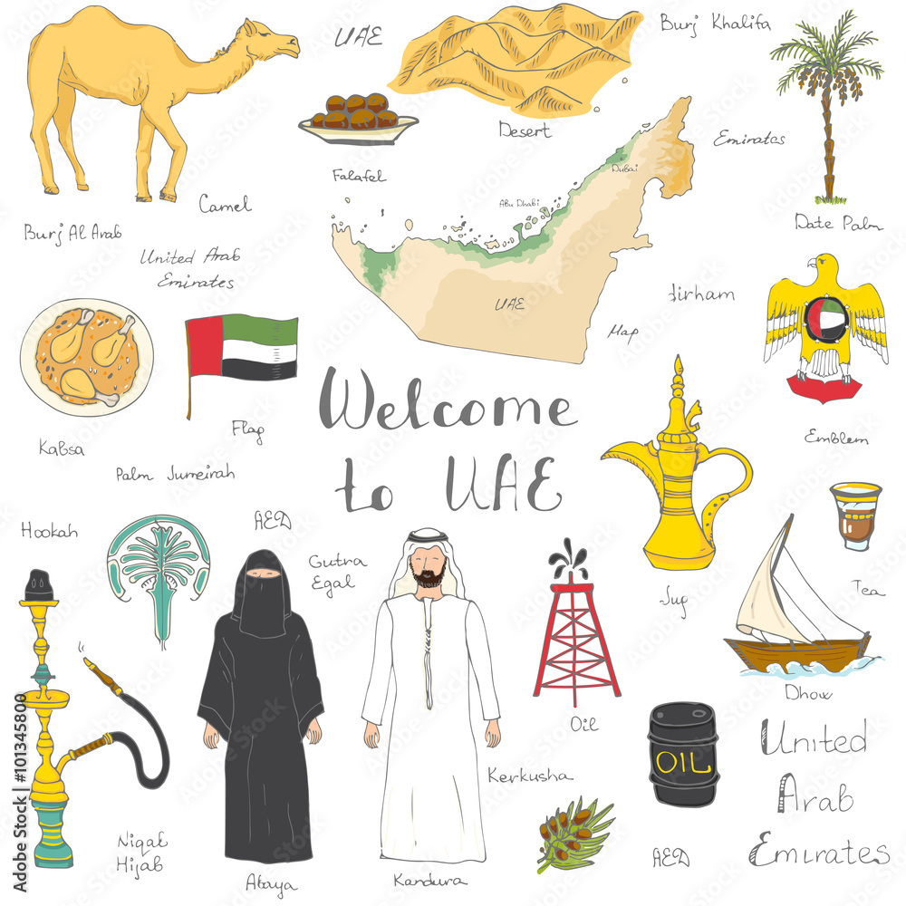 Hand drawn doodle UAE set Vector illustration Sketchy Emirati food ...