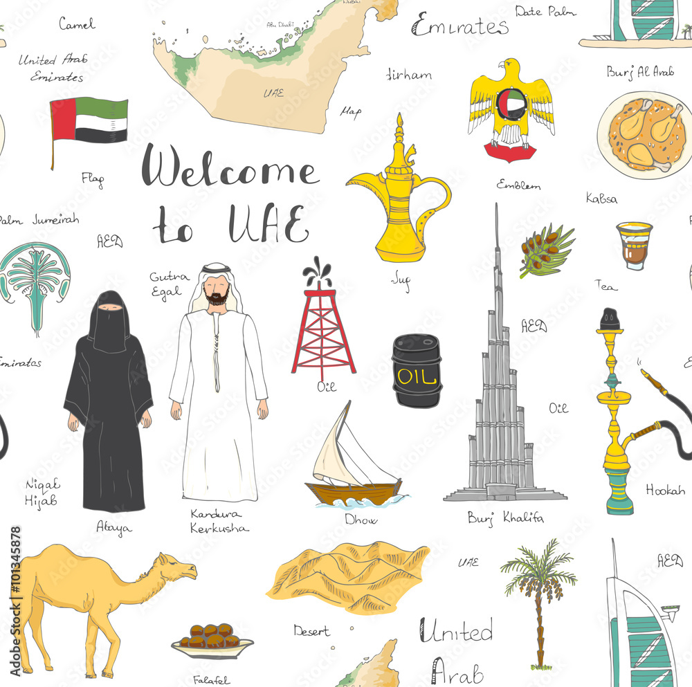 Seamless background hand drawn doodle UAE set Vector arabic ...