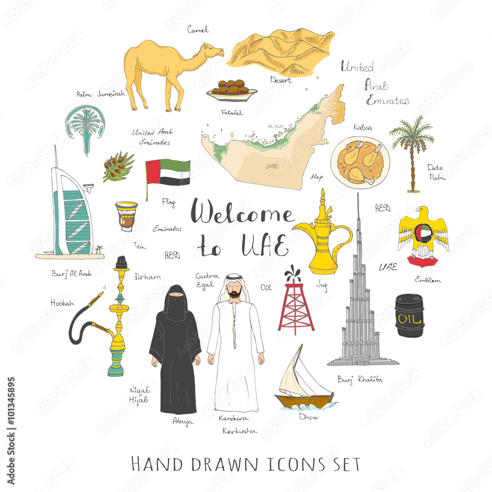 Hand drawn doodle UAE set Vector illustration Sketchy Emirati food ...