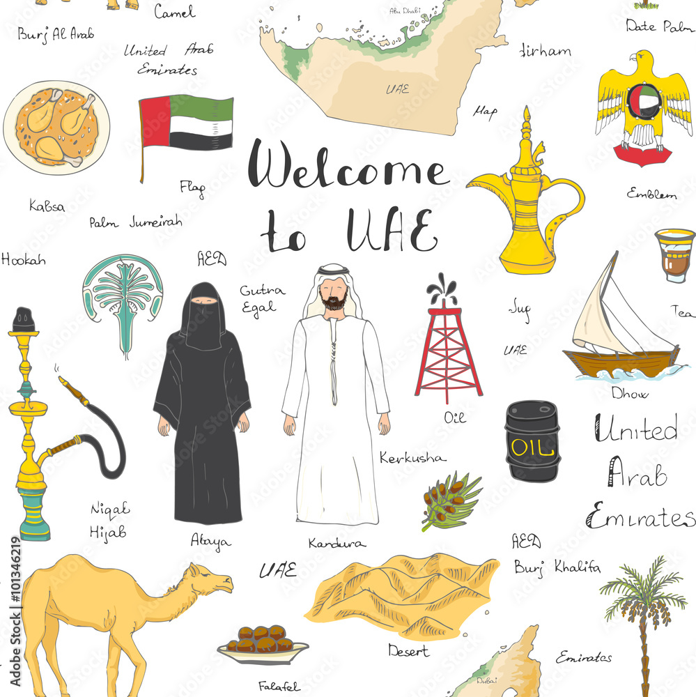 Seamless background hand drawn doodle UAE set Vector arabic ...