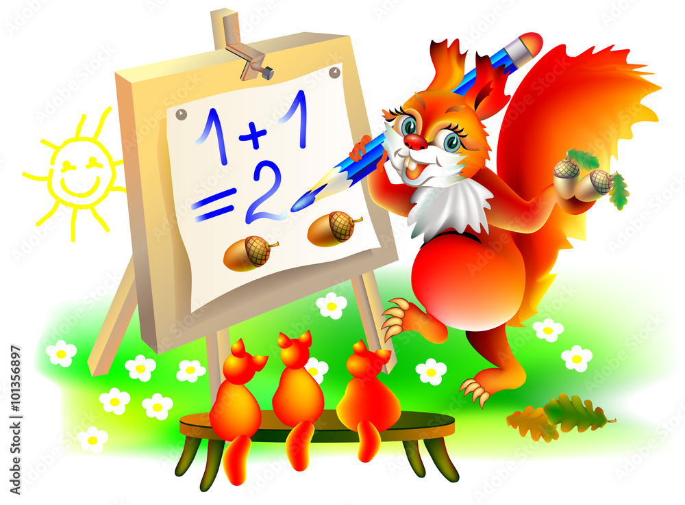 Squirrels learning count numbers, vector cartoon image for schoolbook ...