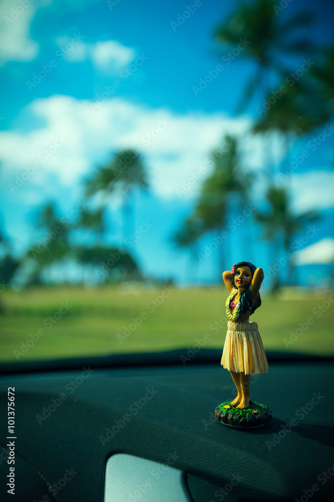 Figur einer Hula Tänzerin für das Auto mit Palmenhintergrund Stock ...