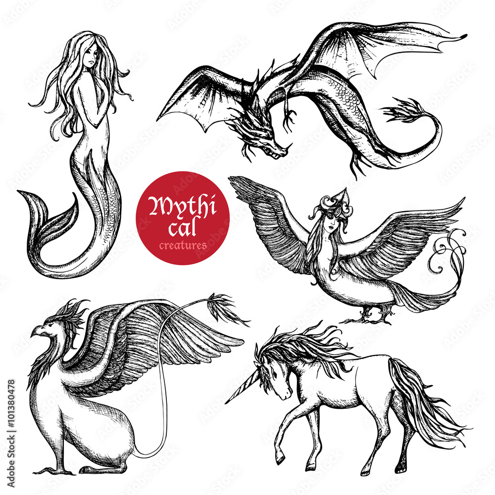 Mythical Creatures Hand Drawn Sketch Set Stock Illustration | Adobe Stock
