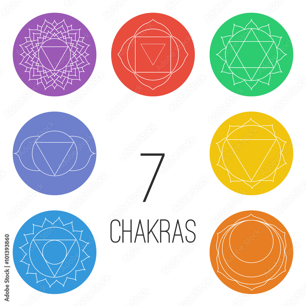 Set of seven chakras on the colorful shapes. Linear character ...