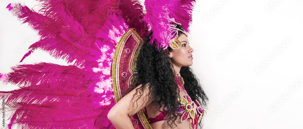 Brazilian samba dancer wearing traditional pink costume profile ...