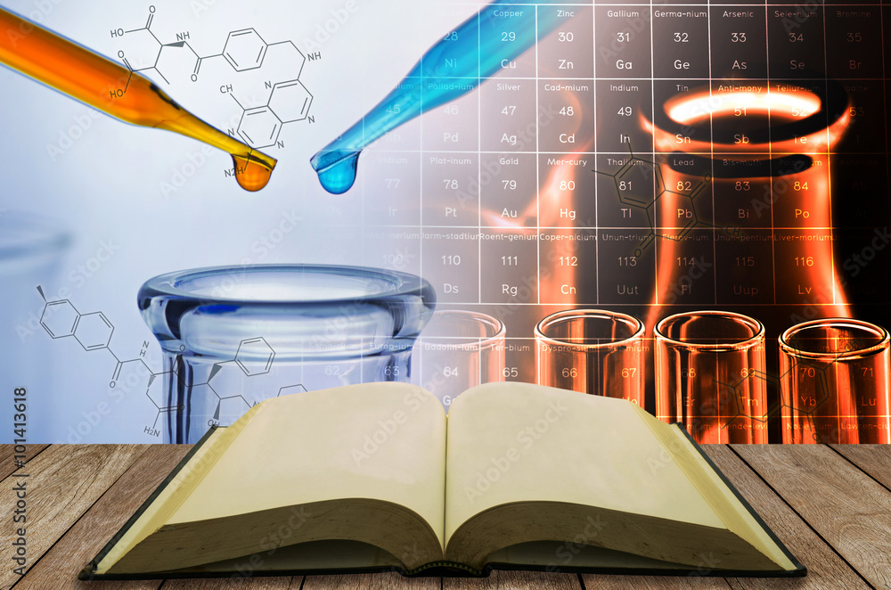 open book with science laboratory test tube background Stock Photo ...