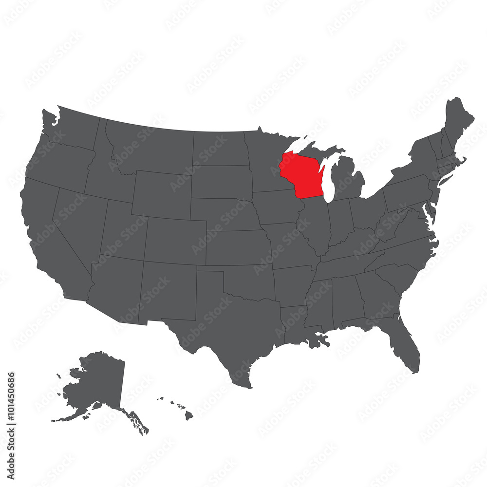 Wisconsin red map on gray USA map vector Stock Vector | Adobe Stock