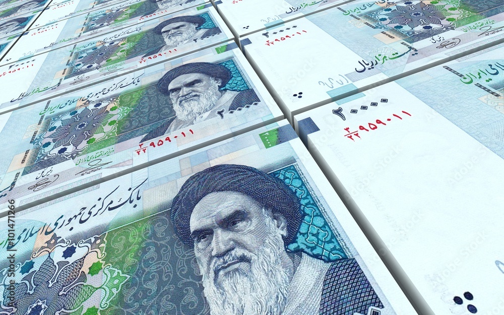 Iranian rials bills stacked background. Computer generated 3D photo ...