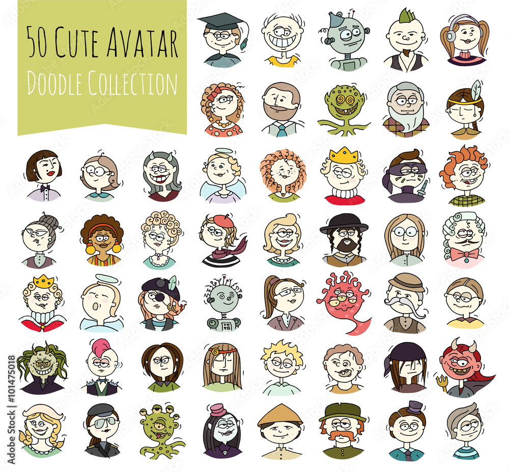 Cartoon funny user avatars in doodle style. Set of women, men character ...