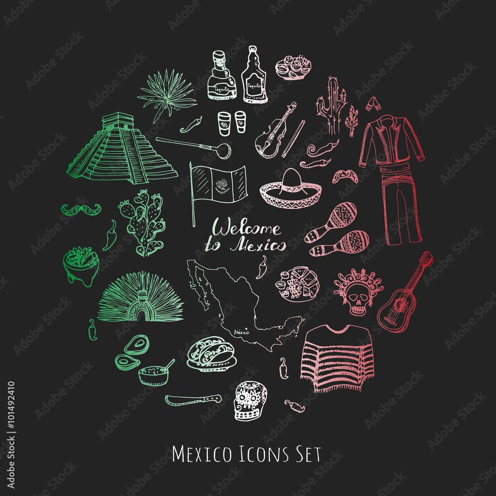 Hand drawn doodle Mexico set Vector illustration Sketchy mexican food ...